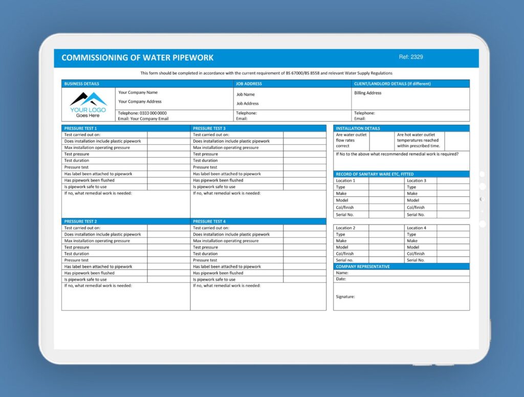 Commissioning Of Water Pipework ServiceM8 Form